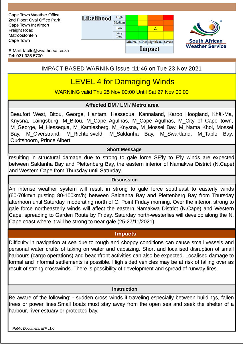 23 November 2021 Impact Based Weather Warning – Yellow level 4 ...