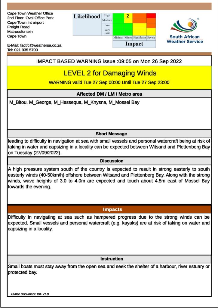 26 September 2022 Impact Based Severe Weather Warning: Damaging Winds ...