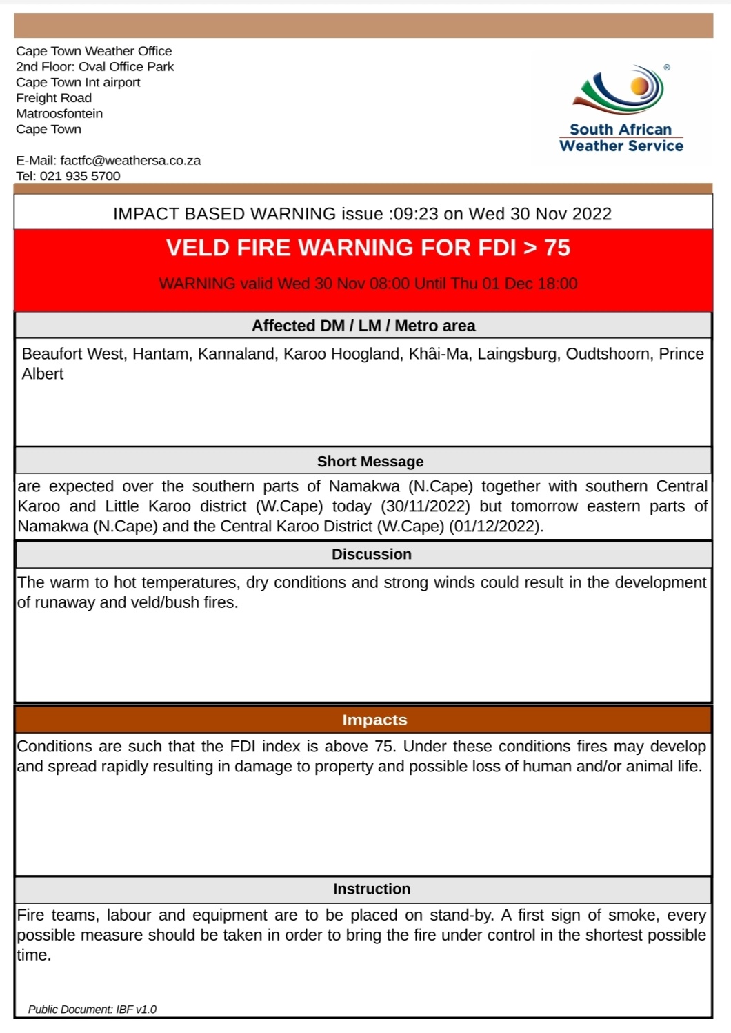 Impact Based Weather Warning: Veldfire Conditions from 30/11/2022 to 01 ...