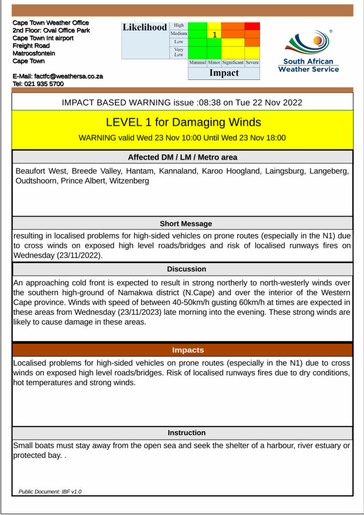 Impact Based Weather Warning – Yellow level 1: Damaging Winds on 23 ...