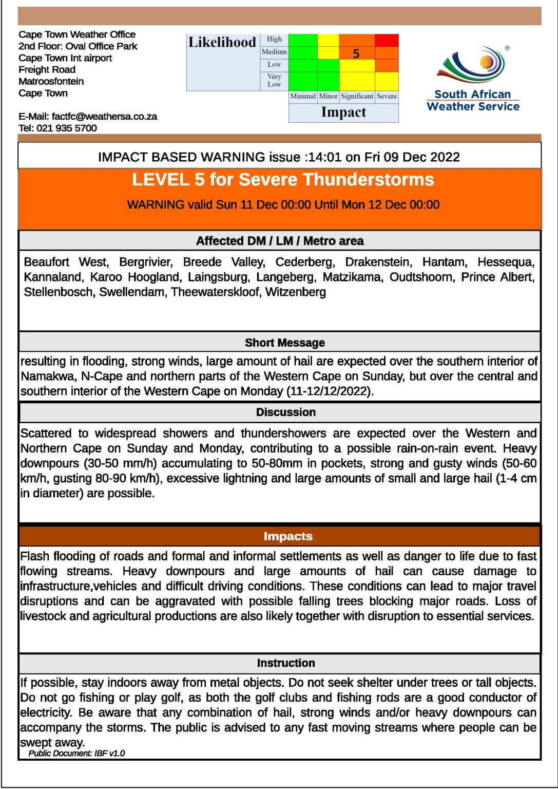 9 December 2022 Impact Based Warning – L3 & L5 Severe Thunderstorms ...