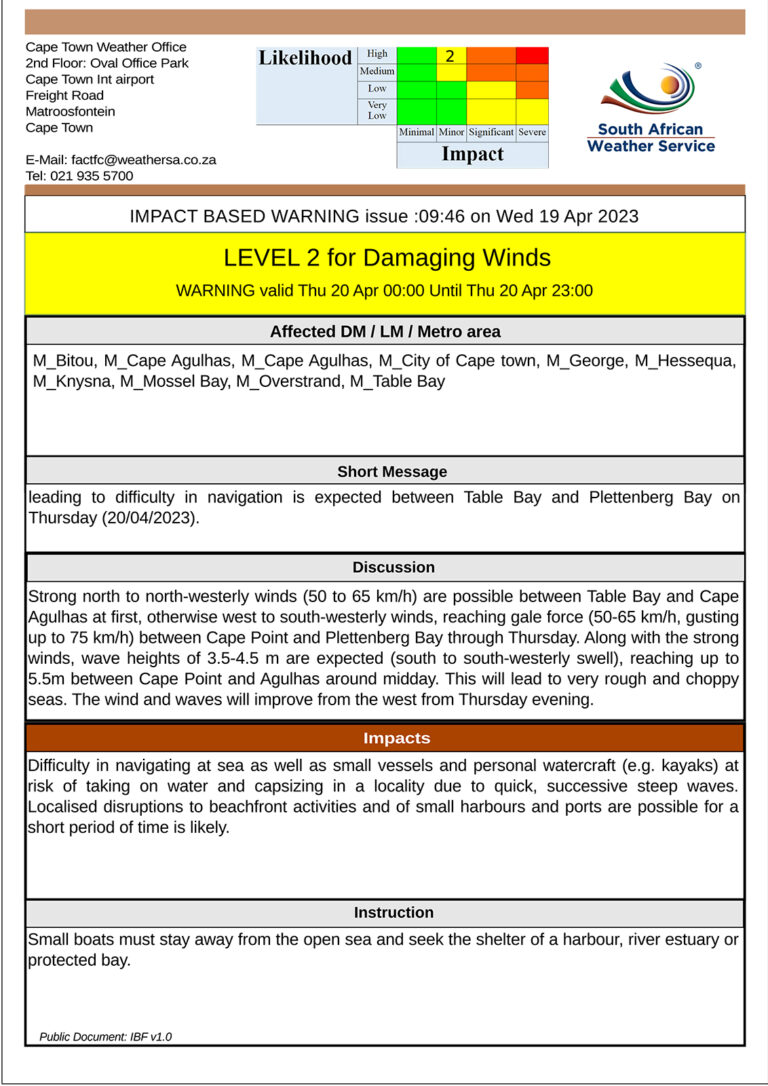 20 April 2023 Impact Based Severe Weather Warning: Level 2 for Damaging ...