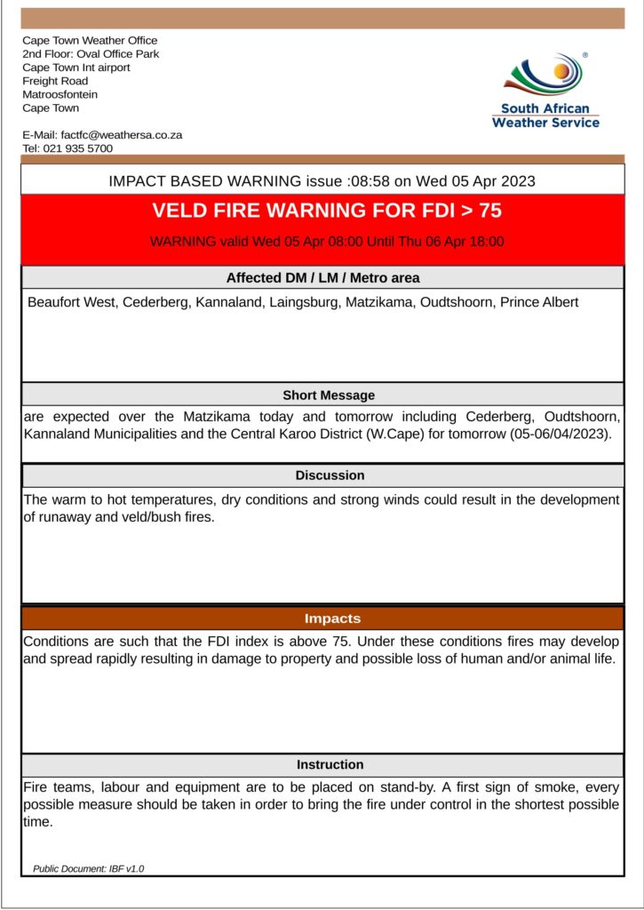 05 April 2023 Impact Based Severe Weather Warning: Veld Fire Conditions ...
