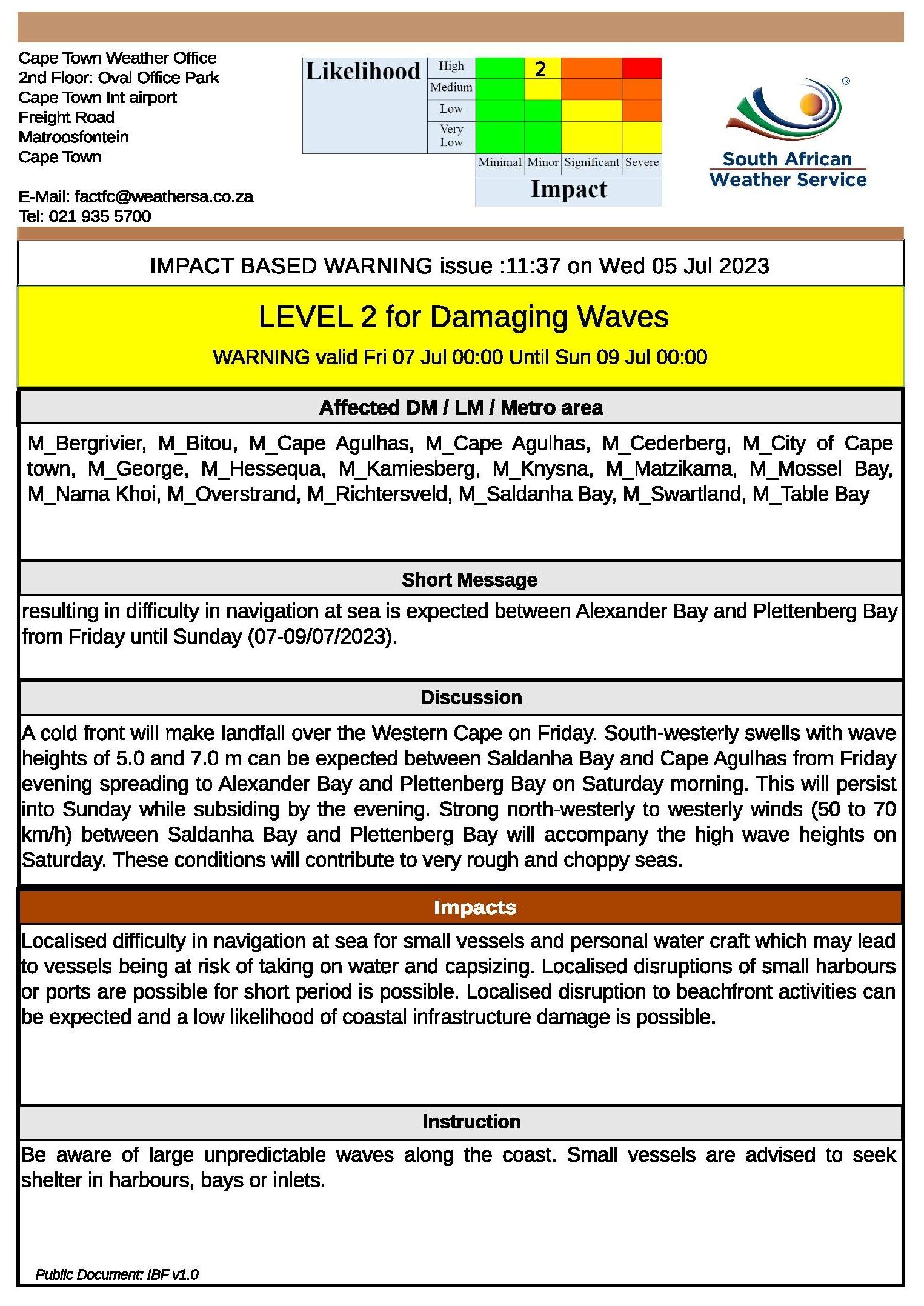 5 July 2023 Impact Based Warning: Yellow Level 2 – Damaging Waves ...