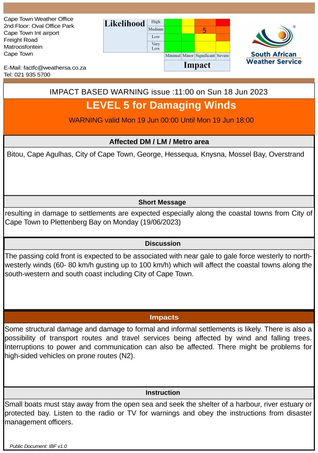 18 June 2023 Impact Based Warning: Orange level 5 – Damaging Winds ...