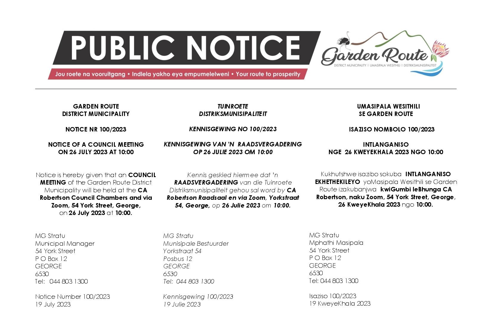 19 July 2023 Save the Date: Notice of Council Meeting, 26 July 2023 at ...