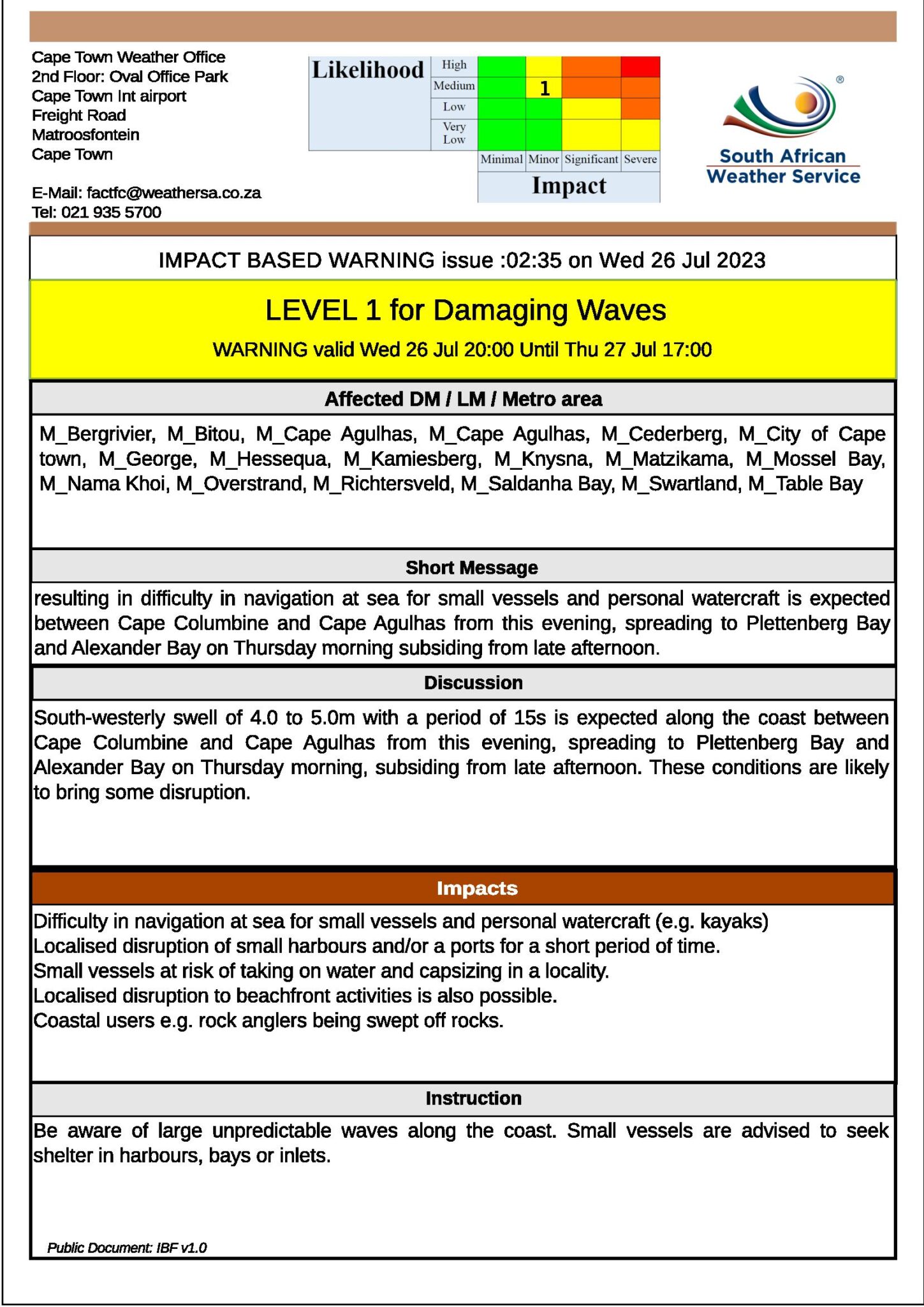 26 July 2023 Impact Based Warning: Yellow Level 1 – Damaging Waves ...