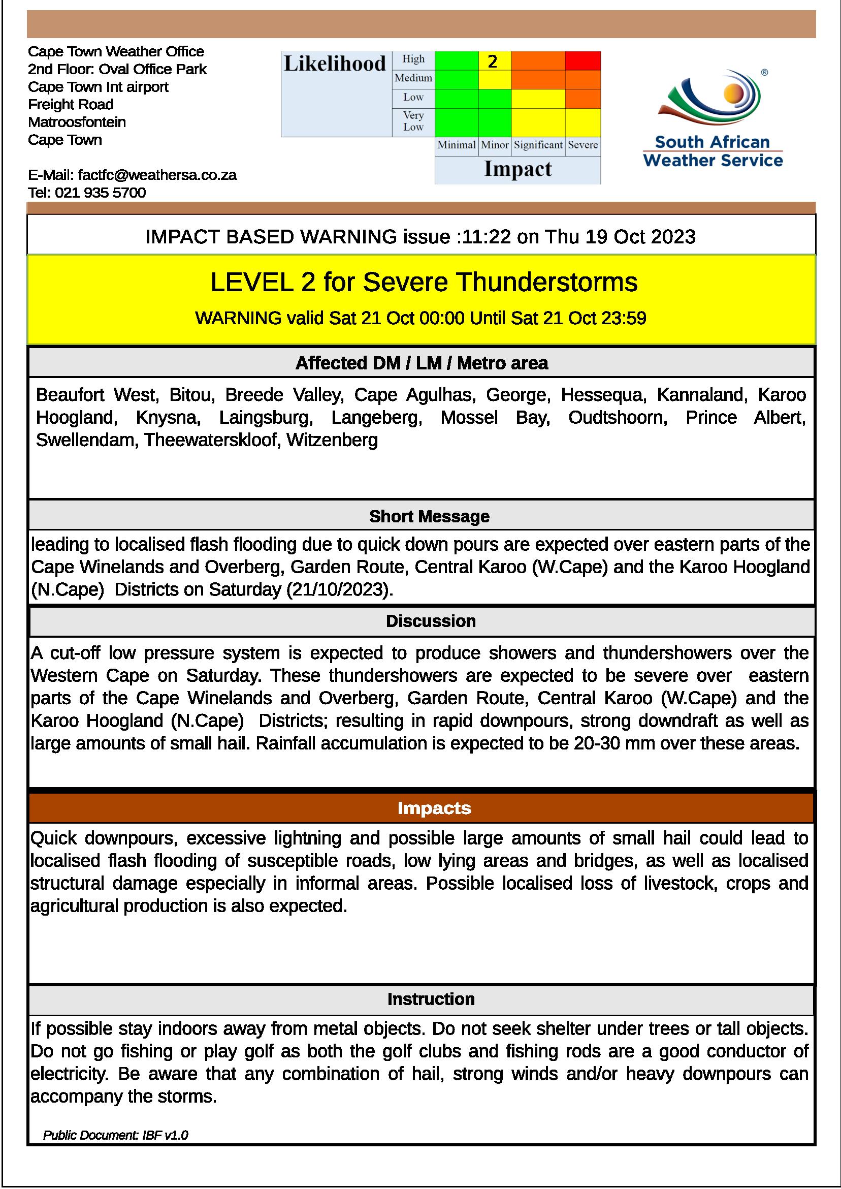 19 October 2023 Impact Based Weather Warning: Severe Thunderstorms ...