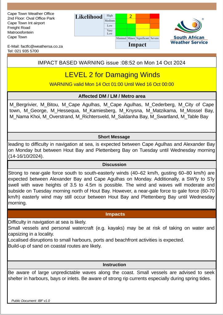 14 October 2024 Impact-Based Severe Weather Warning: Level 2 for ...
